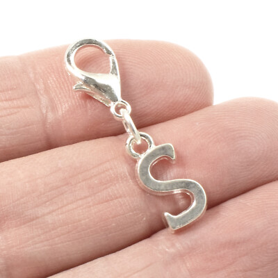 Letter "S" Clip On Charm, Silver Initial Alphabet Dangle with Lobster ...