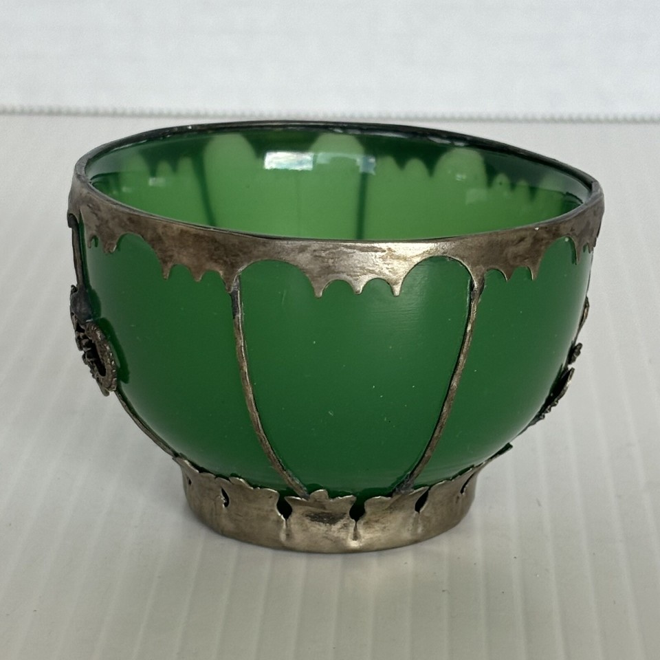 Chinese Green jade colored glass Bowls Metal Mount with Dragon ...