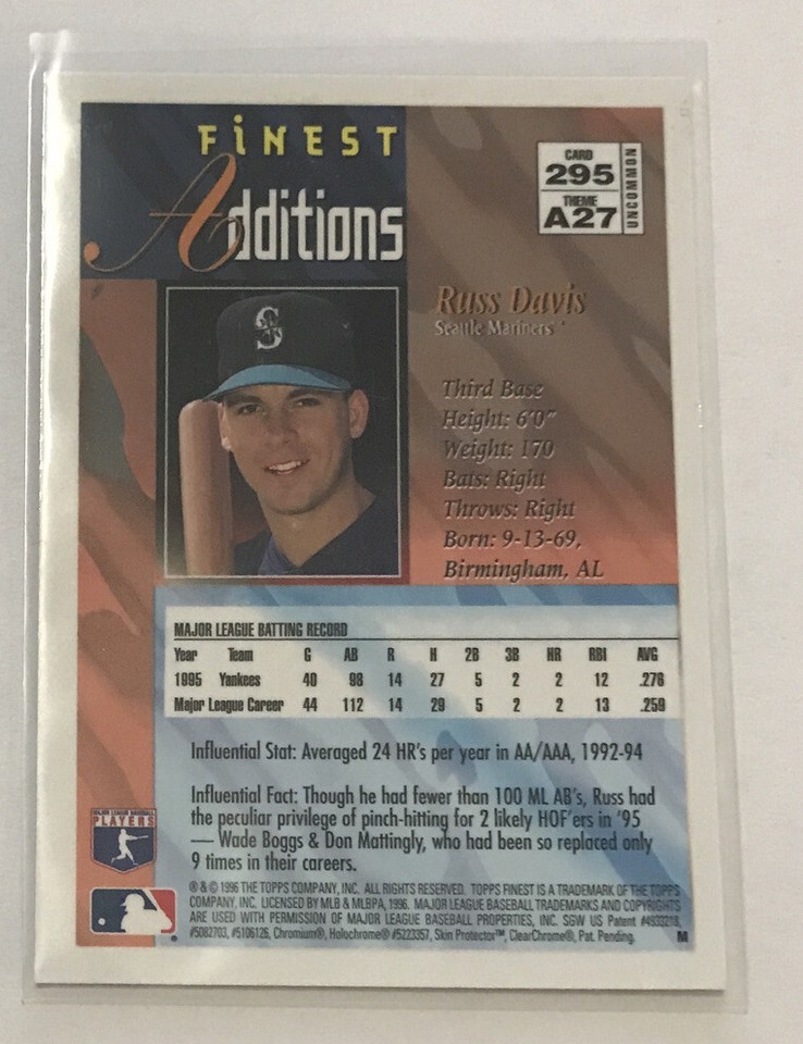 1996 Topps Finest Russ Davis #295 Finest Additions Uncommon Theme A27 w ...