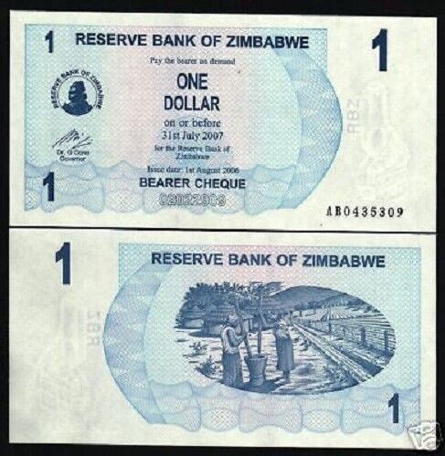 Zimbabwe 1 DOLLAR P-37 2006 x 1 Pcs Bearer Cheque UNC Zimbabwean ...