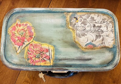 VTG BOHO Small Wood Case 15” w/Key Gypsy FLOWERS Hand Painted Gold ...