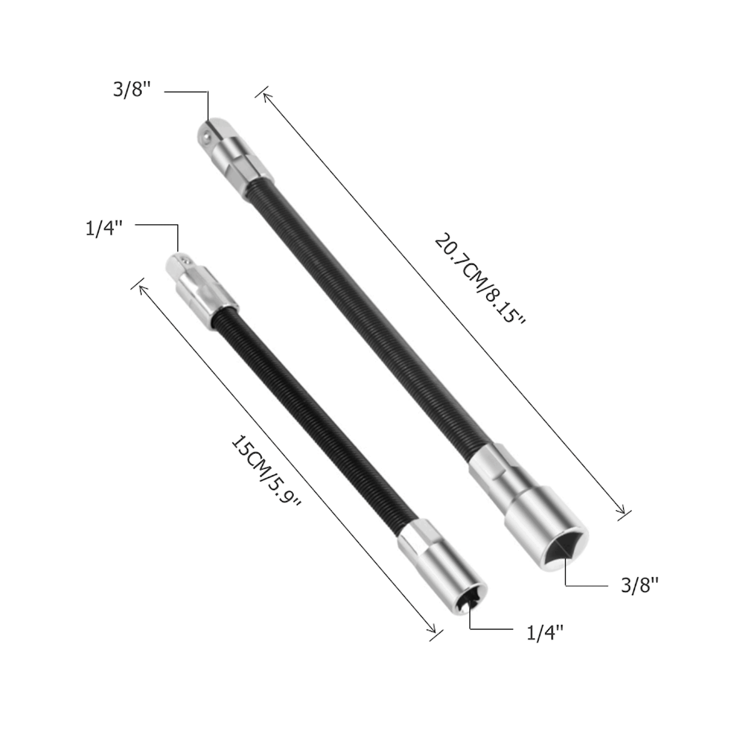 2pc FLEXIBLE EXTENSION 8" x 3/8" & 6" x 1/4" Socket Bar Ratchet Drive ...