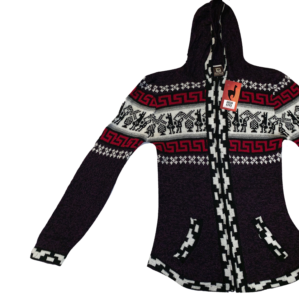 WOMEN HANDMADE ANDEAN ALPACA BLACK PURPLE ZIP HOODIE SWEATER S | eBay