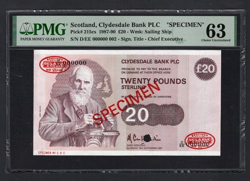 Scotland 20 Pounds P215cs 1987 ''Specimen N.2" Uncirculated Grade 63 | eBay