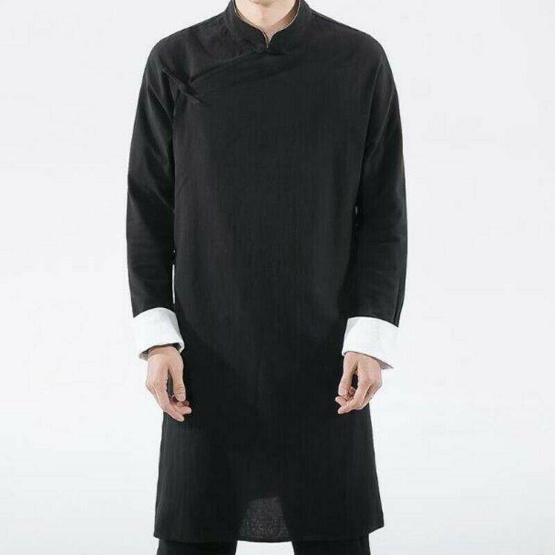 Mens Cotton Linen Chinese Retro Solid Loose Long Gown Jackets Hanfu ...