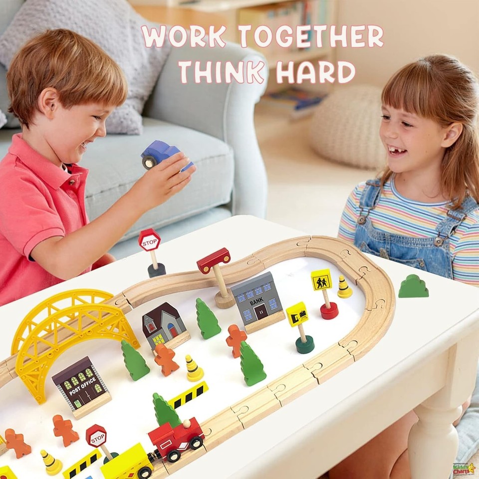 60Pcs Train Set for 3 Year Old Boys, Double-Side Wooden Train Set ...