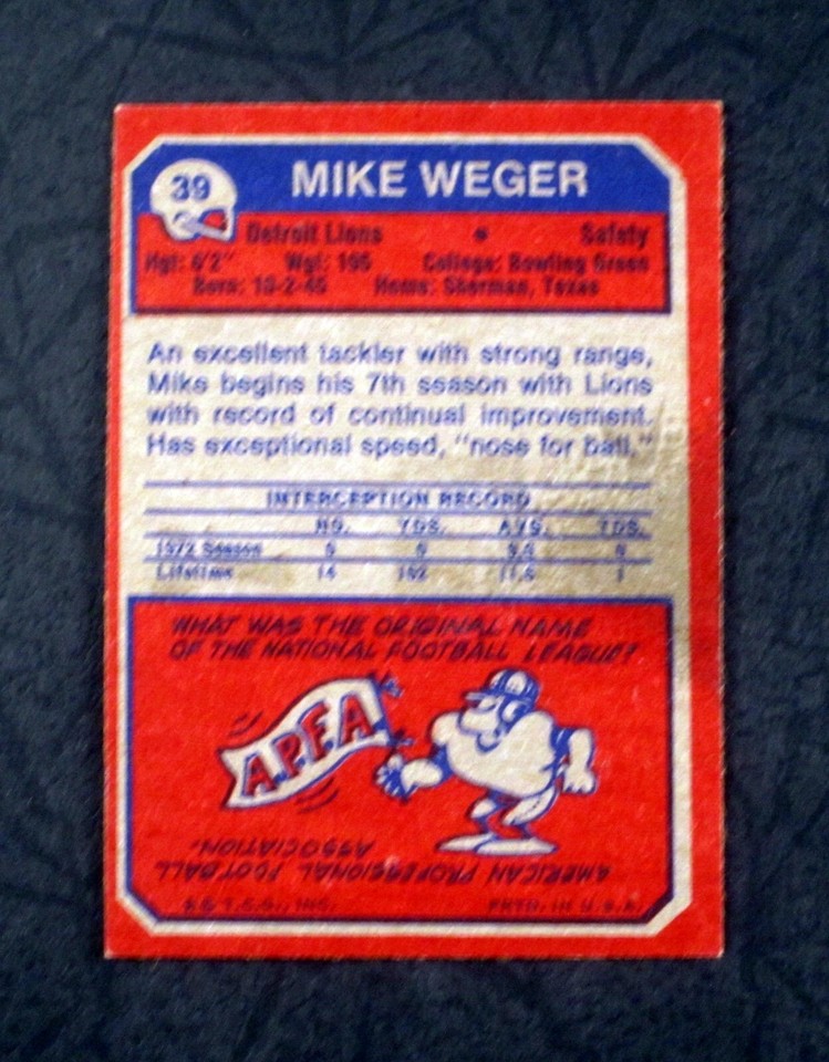 1973 TOPPS SET BREAK #39 MIKE WEGER Detroit Lions EX (Wax stain) | eBay