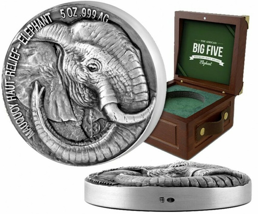 2017 5 Oz Silver 5000 Francs Big Five Mauquoy ELEPHANT Antique Finish ...