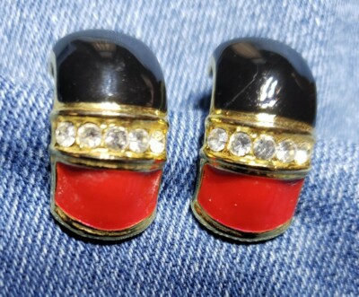 Retro 1980s Clip-On Earrings Blue Red Enamel Rhinestone 1" x 1/2 ...