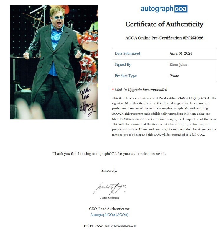Elton John Signed Photograph, Pre Certified ACOA and Roger Epperson | eBay