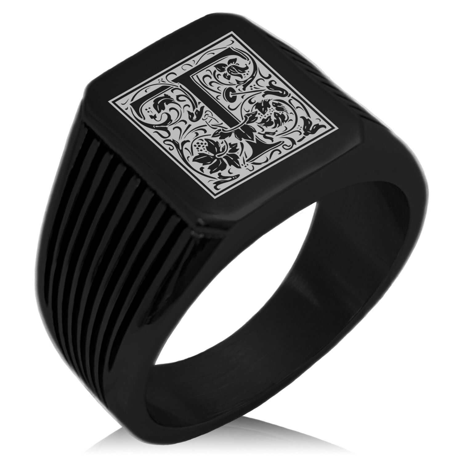 Stainless Steel Mens Royal Box Monogram Initial Striped Black Signet ...