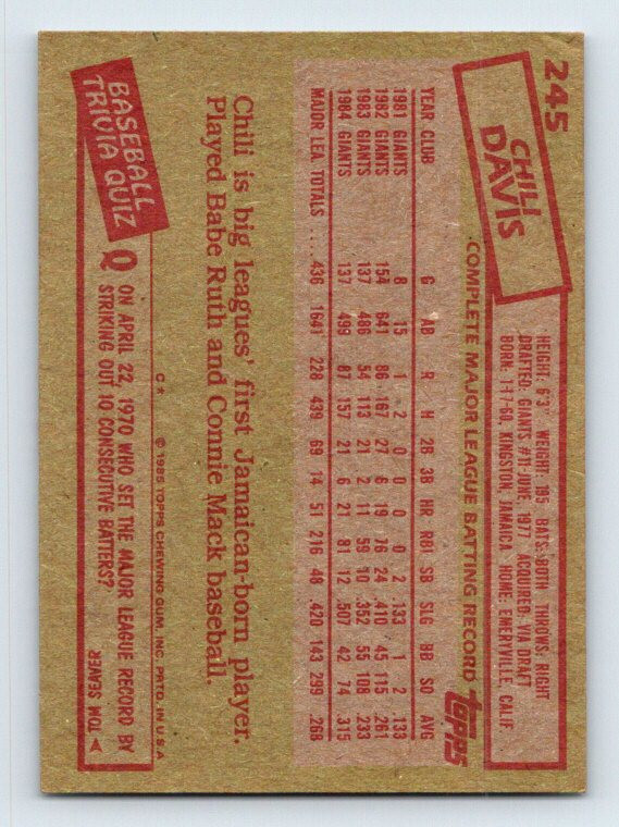 CHILI DAVIS San Francisco Giants 1985 Topps Baseball Card B222 | eBay