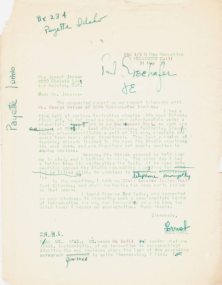 FORREST ACKERMAN 1st draft 1938 letter Re: George Wasson of 20th ...