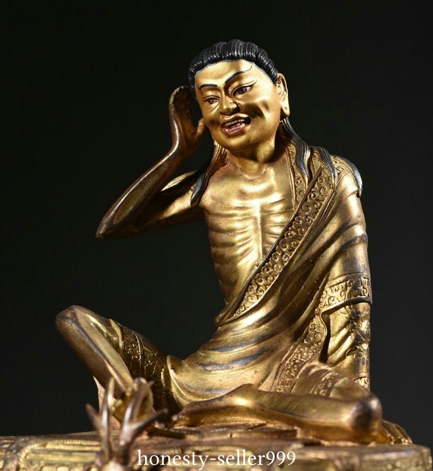 8.2'' Old Nepal Bronze Gold Deer Head Lama Prophet Lama Guru Buddha ...