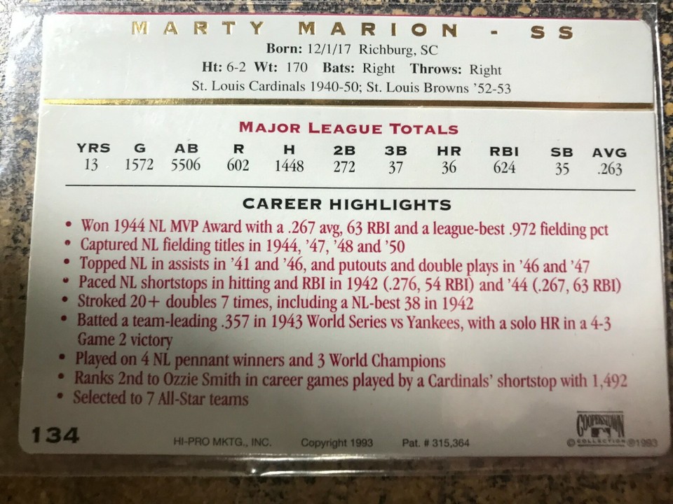 Baseball Card - Marty Marion - Hi-Pro Mktg.- 1993 - EX - Item#927 ...