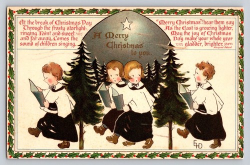 Postcard c1910 Children Choir Singing Trees Star Holly Border Christmas ...