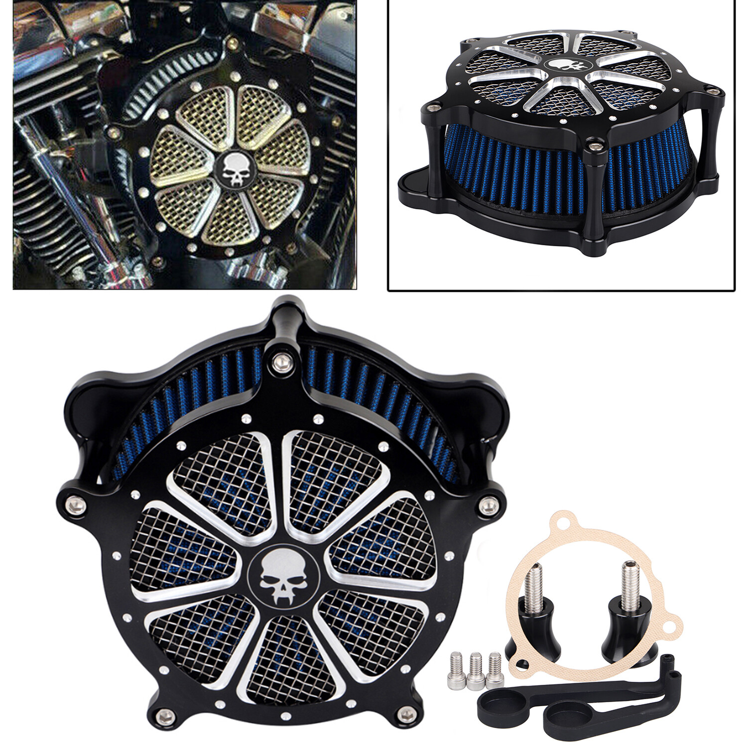 Skull Air Cleaner Blue Intake Filter For Harley M8 Touring Electra Tri ...