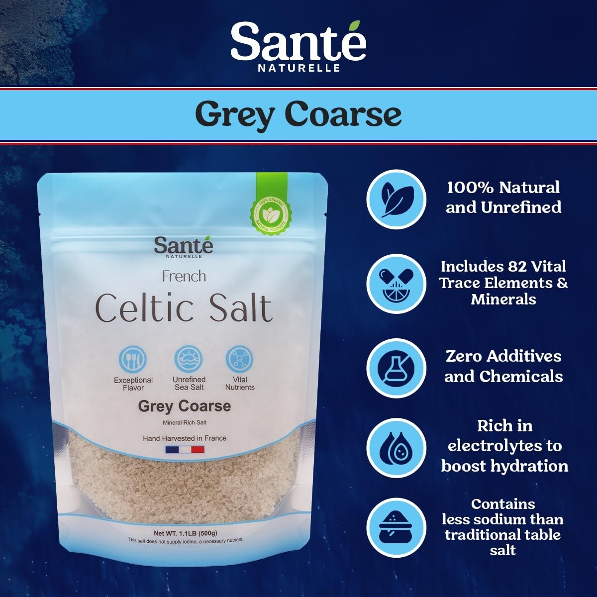 Sante Grey Coarse Sea Salt From the Celtic Sea - 1.1lb (18oz) Unrefined ...