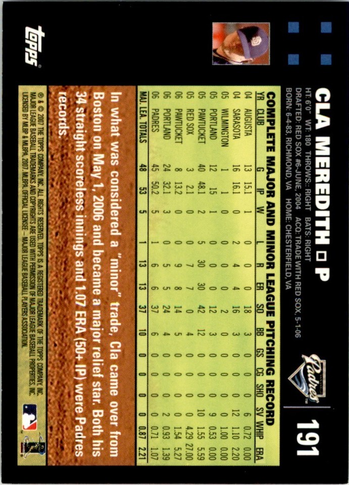 2007 Topps Cla Meredith . San Diego Padres #191 | eBay