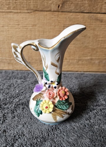Small Vintage Capodimonte Style Pitcher Vase with 3D Sculpted Flowers 4 ...
