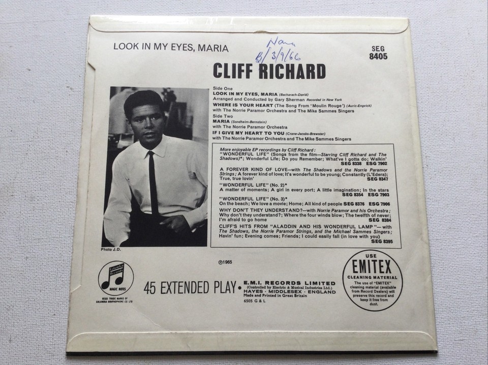 Cliff Richard: Look In My eyes Maria: SEG 8405 EXEX Con 7” Vinyl EP ...