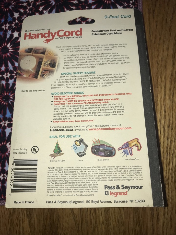 Pass & Seymour Handy Cord 9' Extension Cord Almond 4001LA THERMAL ...
