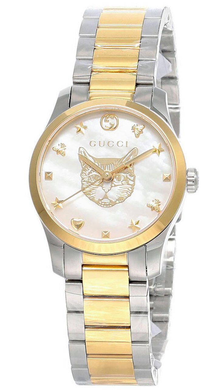 New Gucci G-Timeless White MOP Feline Two-Tone Bracelet Women's Watch ...