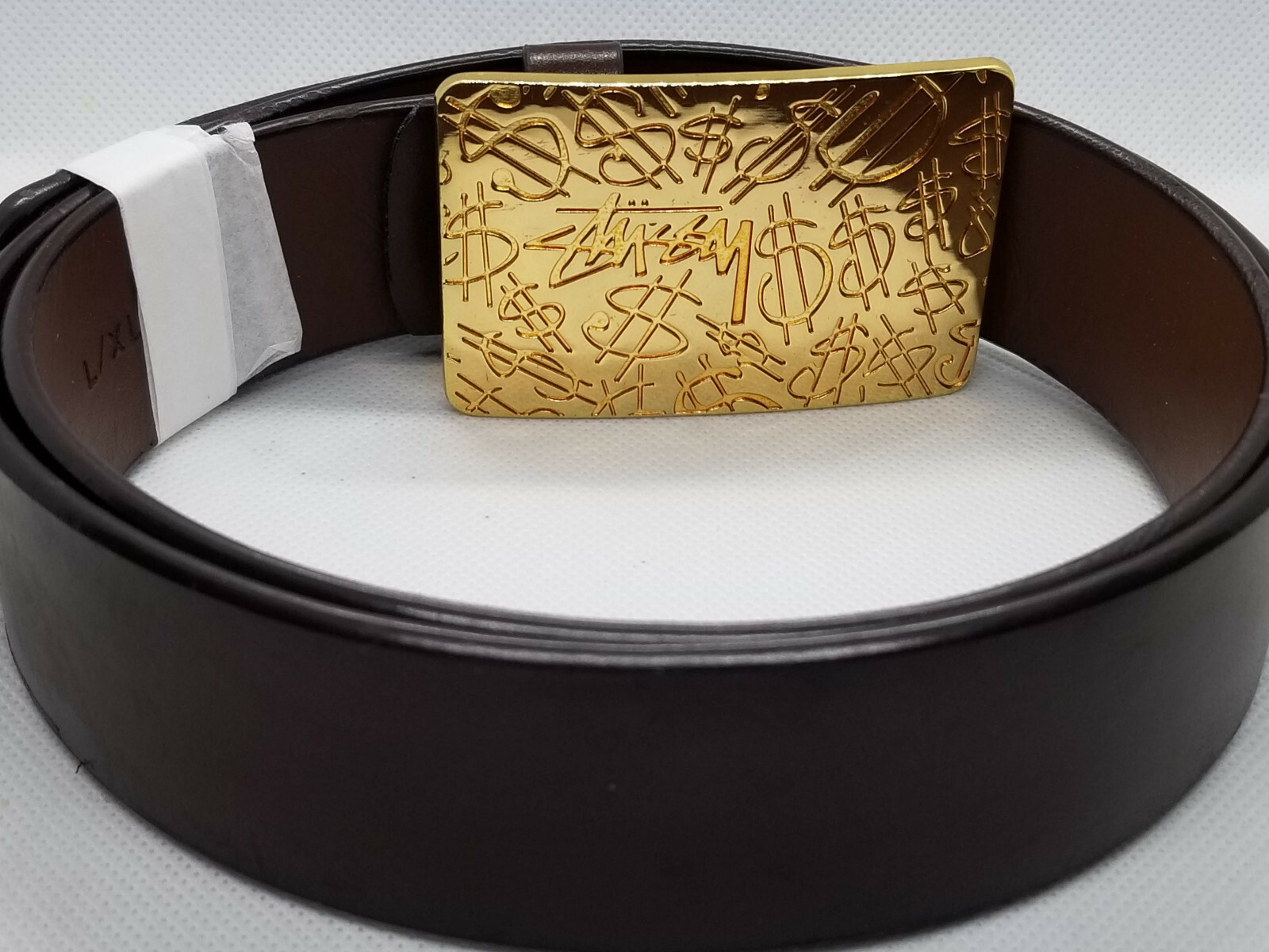 Vintage Stussy Gold Dollar Sign Buckle Leather Belt B… - Gem