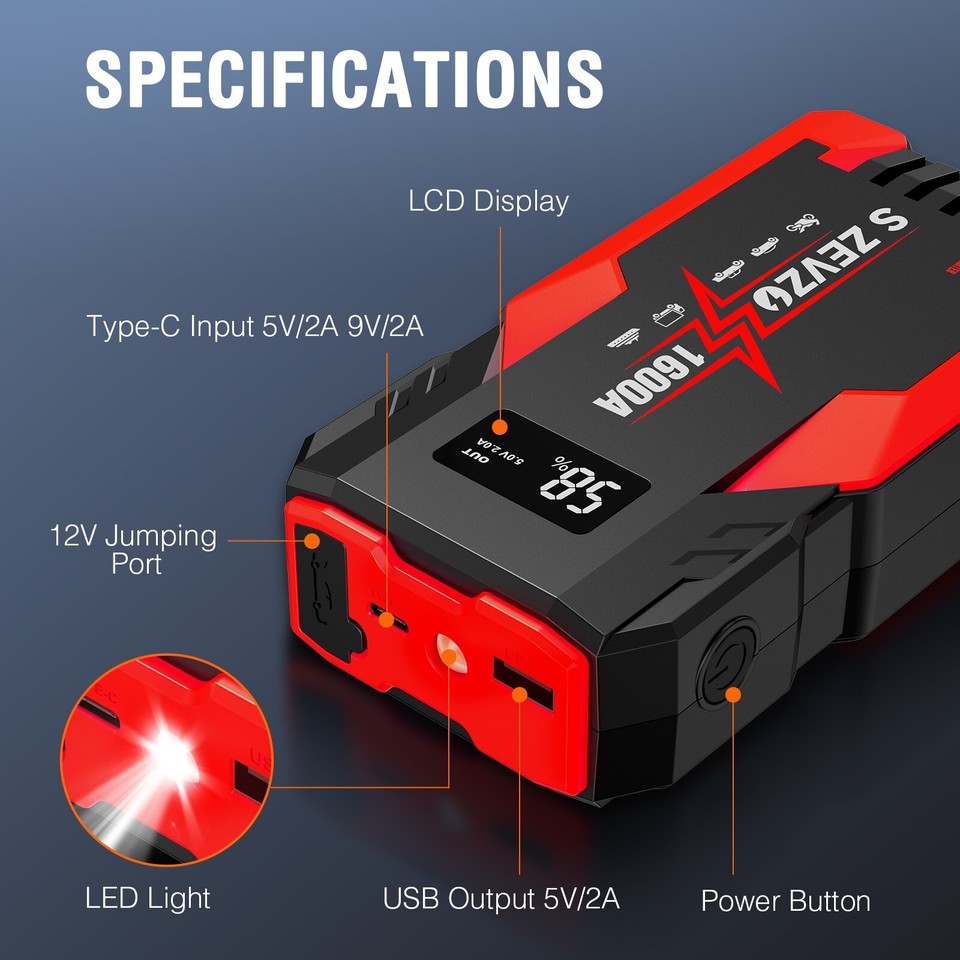 SZEVZO Car Jump Starter Booster Jumper Box Power Bank 12V Car Battery ...