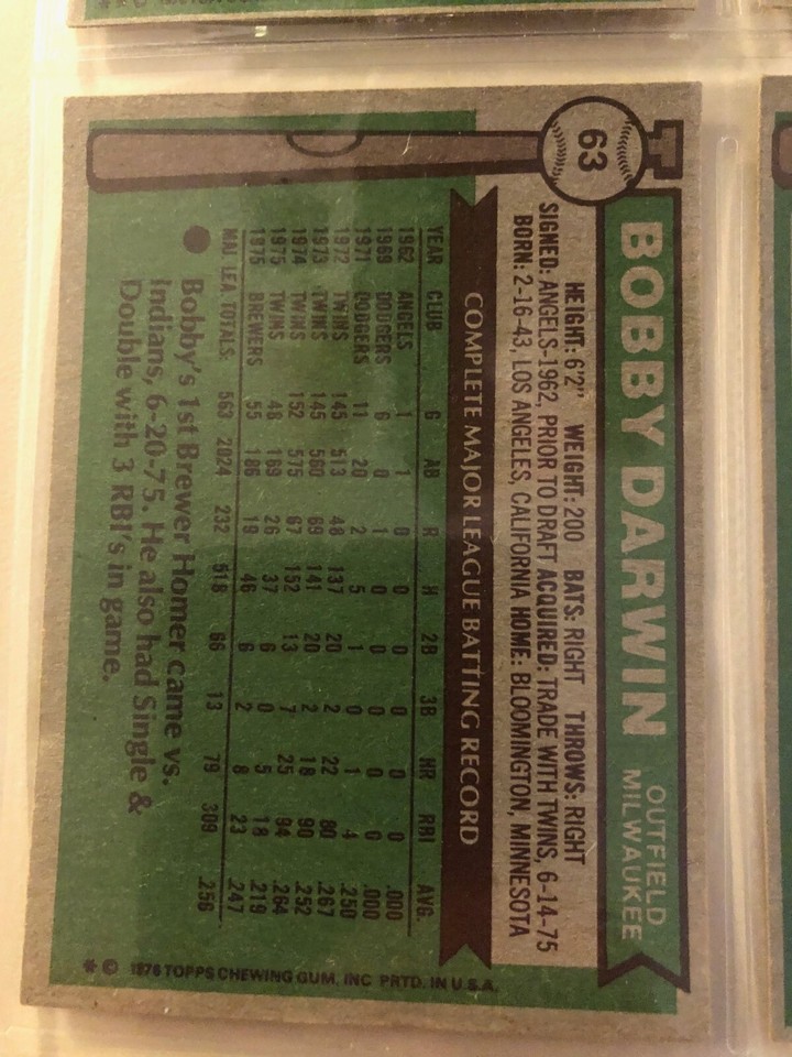 1976 Topps Baseball #63 Bobby Darwin Milwaukee Brewers | eBay