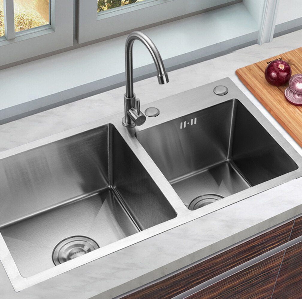Double Bowl Composite Drop-in Kitchen Sink 2 Bowl Set Stainless Steel ...