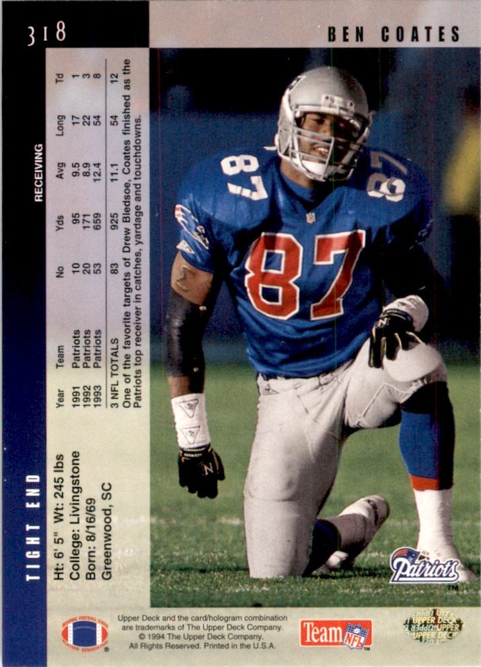 1994 Upper Deck Ben Coates New England Patriots #318 NFL Football Card ...