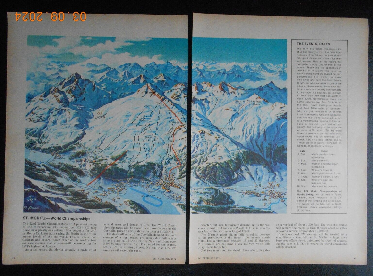 1974 ST Moritz World Skiing Championship Alpine ski racing trail map ...