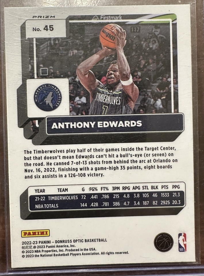 2022-23 Donruss Optic 💥Anthony Edwards💥 *PURPLE OPTIC #45 ...