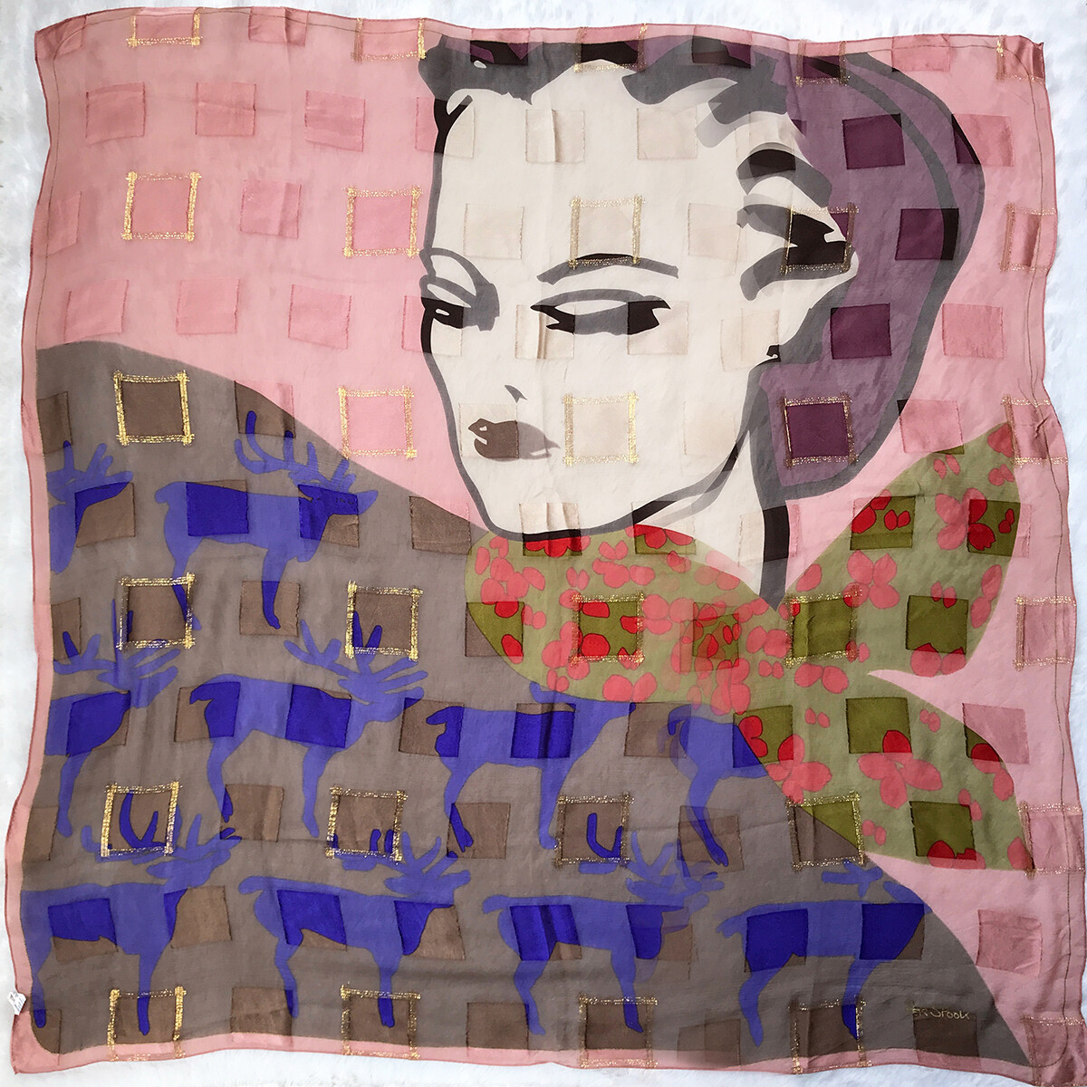 Per SPook Scarf Vintage Pink Blue Silk Geometric Ladies Deer Christmas ...