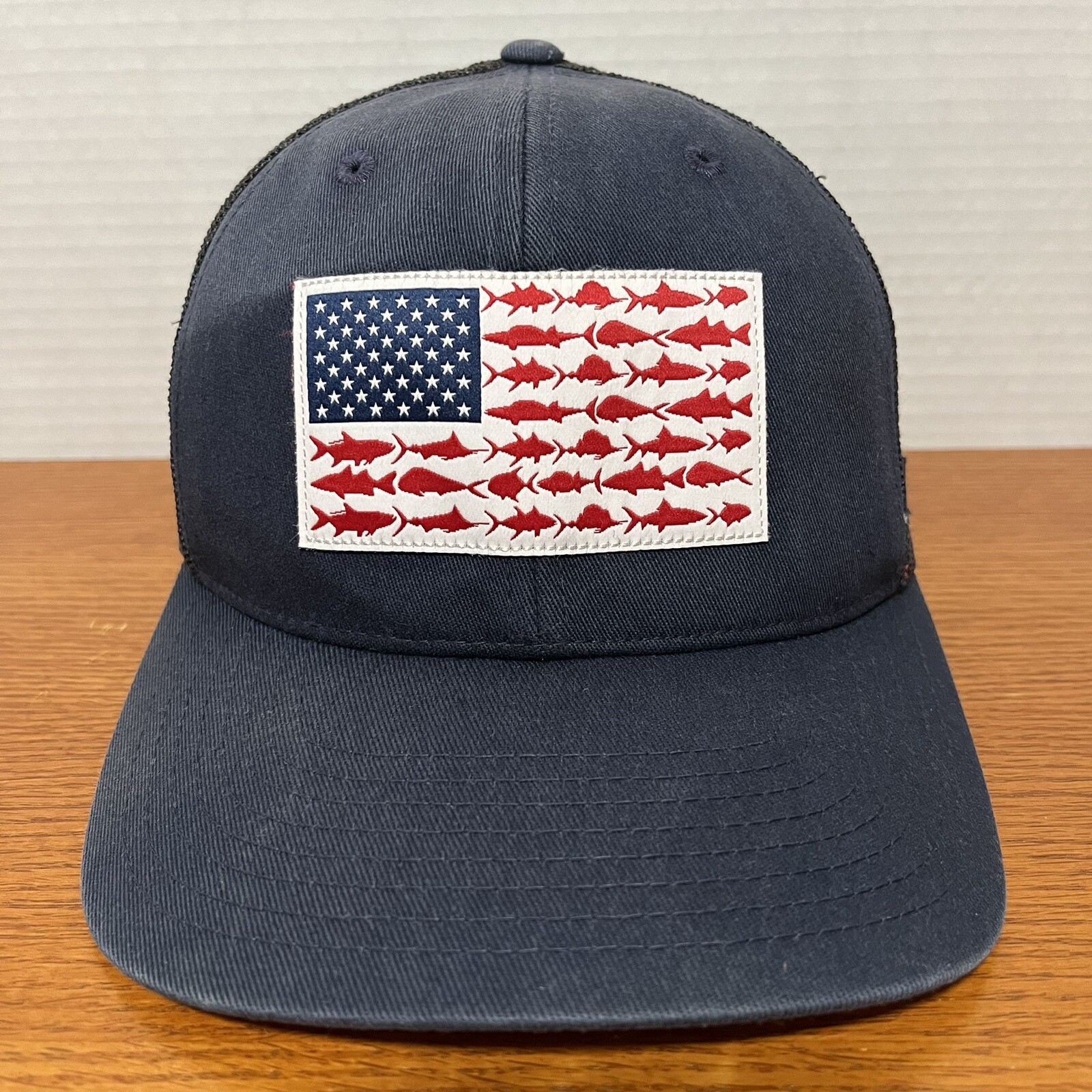Columbia PFG Hat Cap Trucker American Flag Fishing Fish Blue Mesh Snap ...
