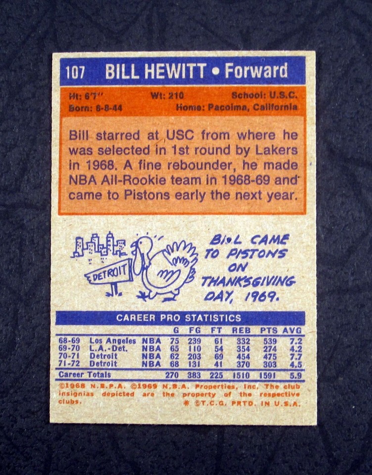 1972 TOPPS SET BREAK Bill Hewitt #107 Detroit Pistons NM | eBay