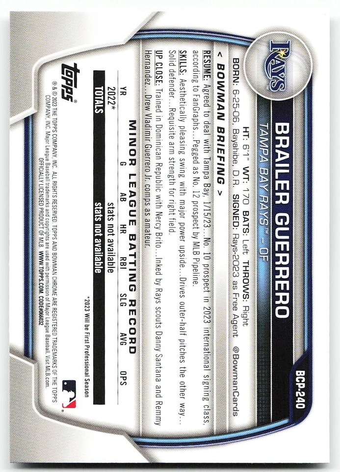 🔥 2023 Bowman Chrome #BCP-240 Brailer Guerrero Prospects Mojo Refractor ...