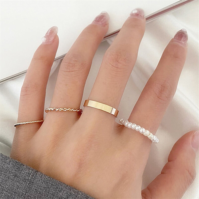 4 Pcs/Set Newest Geometric Pearl Rings Set Fashion Alloy Rings Set For ...