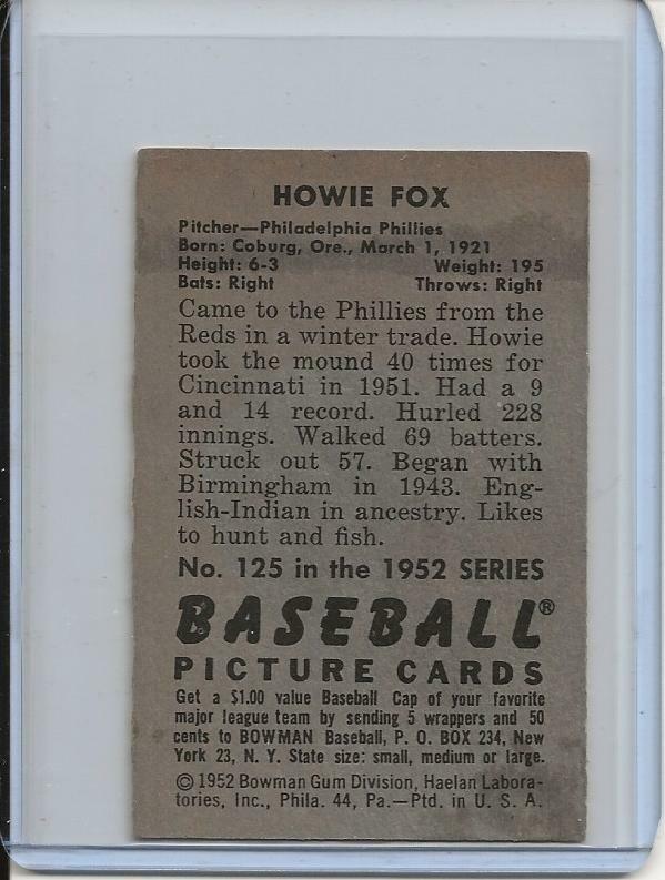 1952 Bowman Baseball Card Howie Fox Pitcher P Phillies Wax Back EX MINT ...
