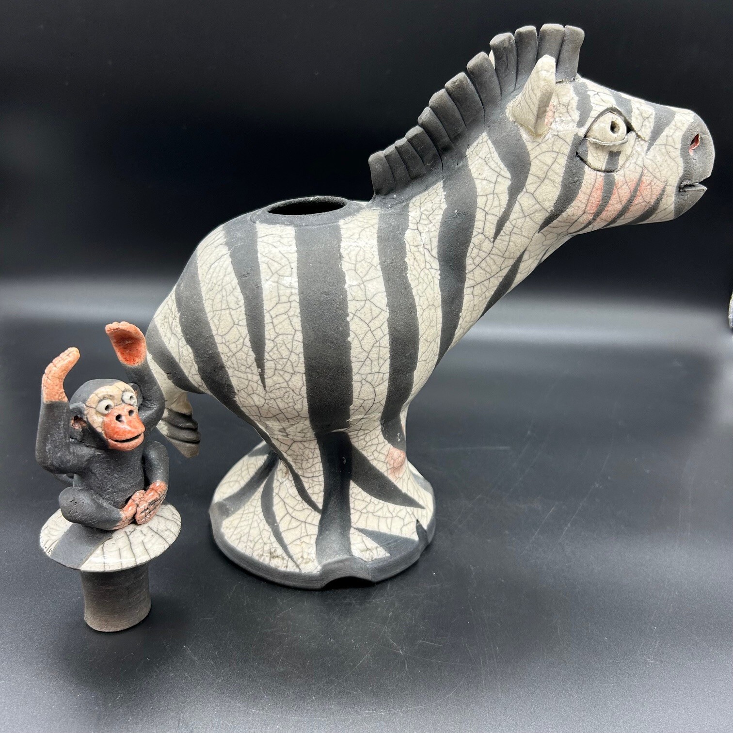 Peter Alsen Raku Pottery Oregon Zebra with Monkey Vessel Whimsical ...