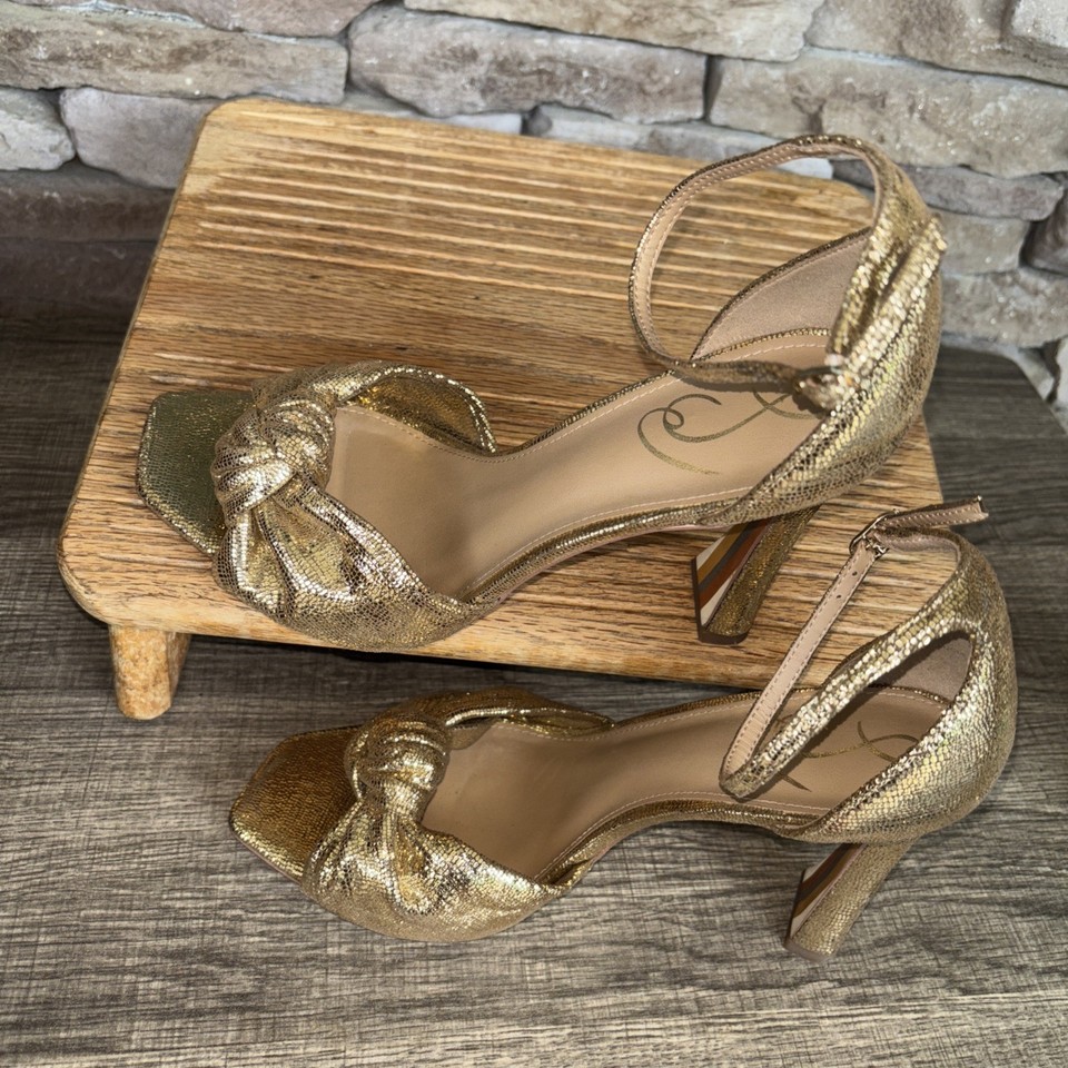SAM EDELMAN Gold Glitter Metallic Bow High Heel Sandal Ankle Strap ...