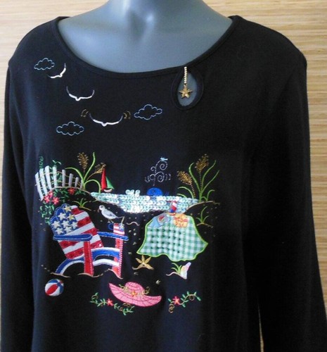 QUACKER FACTORY Top Black T Shirt Knit Summer Picnic Scene Patriotic ...
