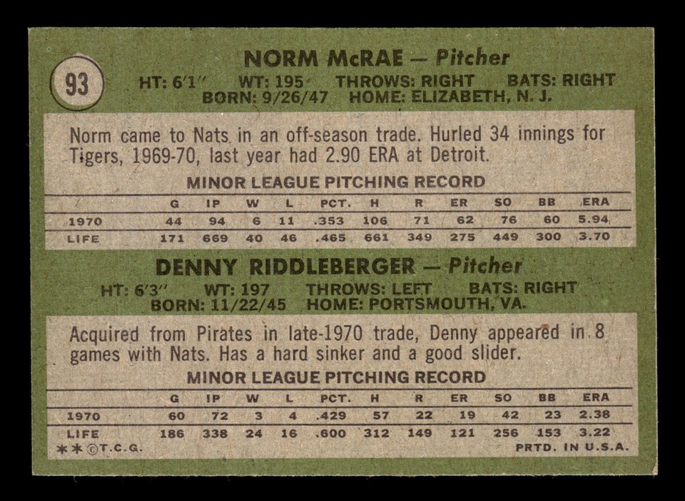 Rookie Stars Norm McRae Denny Riddleberger 1971 Topps #93 Washington ...