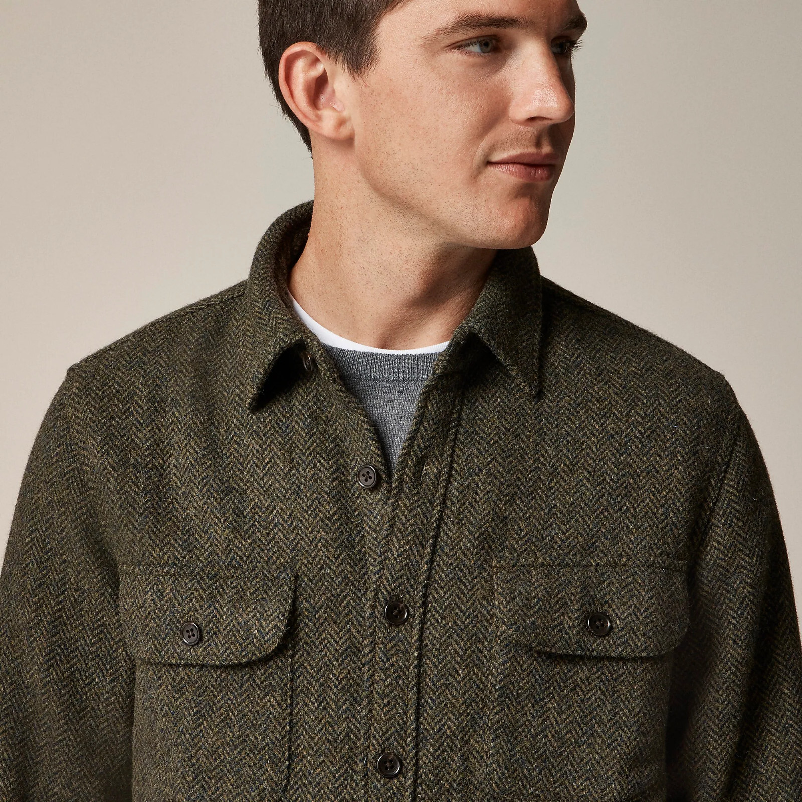 J Crew Shirt Jacket Mens Medium Green Brown Wool Overshirt Herringbone ...