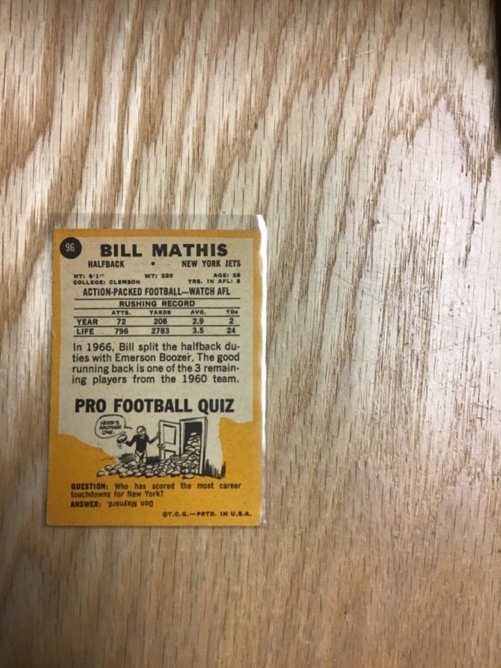 1967 Topps Football Bill Mathis New York Jets Card #96 | eBay