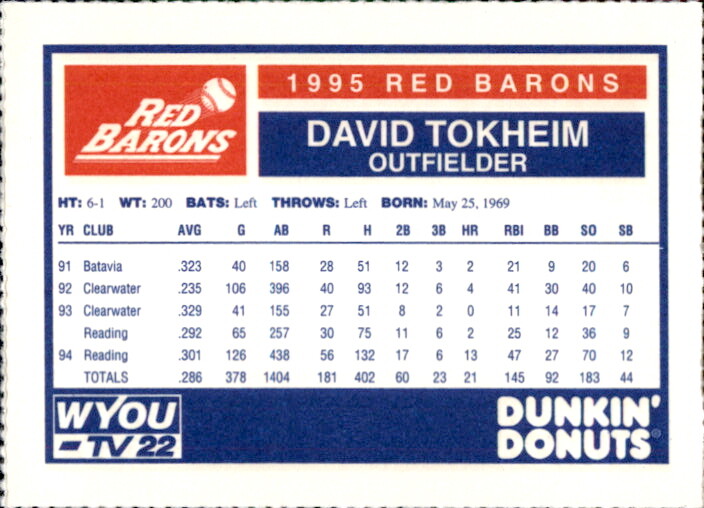 1995 Scranton/Wilkes-Barre Red Barons Dunkin' Donuts #26 David Tokheim ...