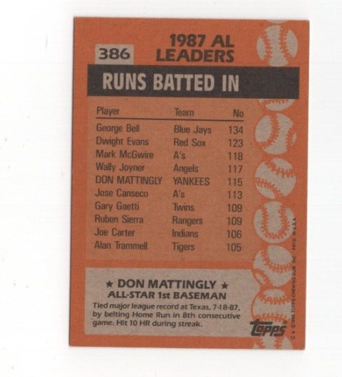 1988 Topps AL All-Star First Base #386 DON MATTINGLY New York Yankees ...