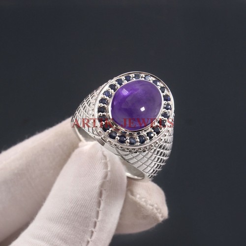 Natural Amethyst & Heated Sapphire With 925 Sterling Silver Men's Ring ...