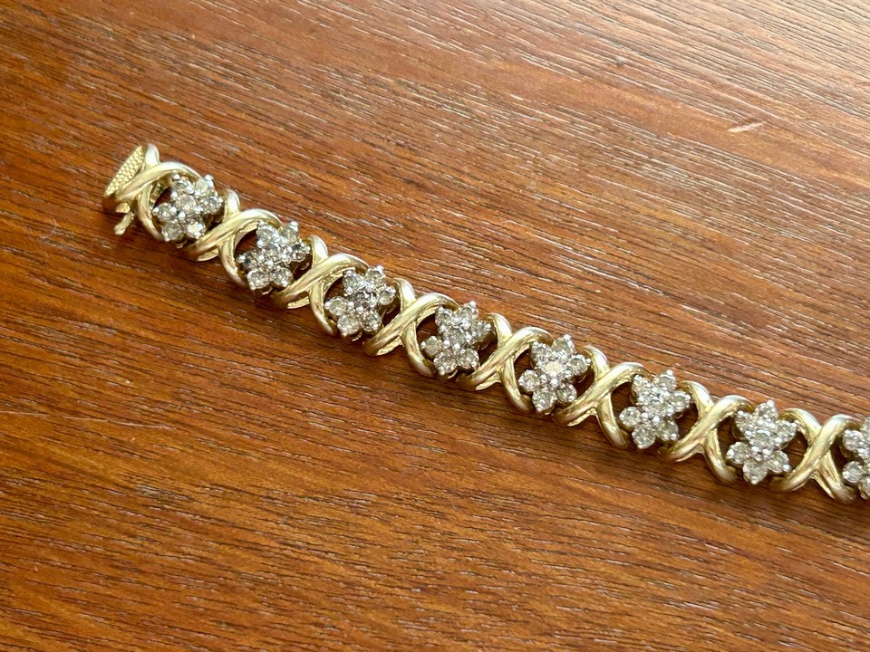 HEAVY 14k Yellow Gold X Design 3.5ctw Diamond Tennis Bracelet Signed ...